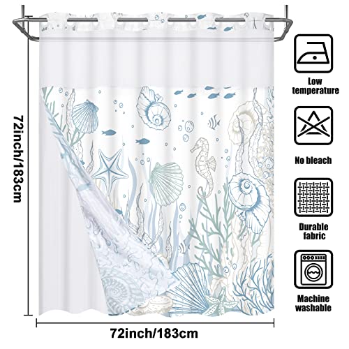 Ikfashoni Nautical Coastal No Hook Shower Curtain with Snap in Liner, Seashell Beach Shower Curtain with Liner, Hotel Shower Curtain, Ocean Themed Shower Curtains for Bathroom Decor, 72" x 72"