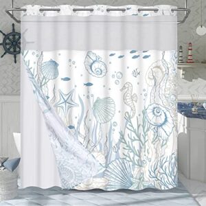 Ikfashoni Nautical Coastal No Hook Shower Curtain with Snap in Liner, Seashell Beach Shower Curtain with Liner, Hotel Shower Curtain, Ocean Themed Shower Curtains for Bathroom Decor, 72" x 72"