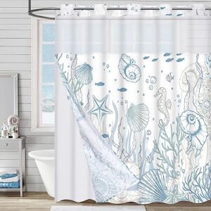 Ikfashoni Nautical Coastal No Hook Shower Curtain with Snap in Liner, Seashell Beach Shower Curtain with Liner, Hotel Shower Curtain, Ocean Themed Shower Curtains for Bathroom Decor, 72" x 72"