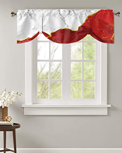 Funnywall88 Tie Up Curtain Valance for Living Room,Wild Marble Pattern Gold Red White Ombre Valance for Kitchen Window Valance Adjustable Tie-up Valance 12 Inch Rod Pocket 1 Panel