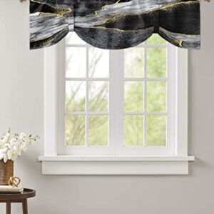 Tie Up Kitchen Curtain Valance Black White Marble with Gold Stripe Adjustable Window Shade Valances Rod Pocket Small Windows Treatment Panel for Bathroom Bedroom,42"x12",Abstract Stone Agate Texture