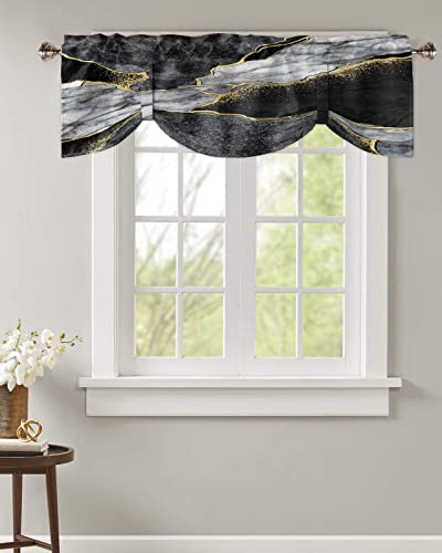 Tie Up Kitchen Curtain Valance Black White Marble with Gold Stripe Adjustable Window Shade Valances Rod Pocket Small Windows Treatment Panel for Bathroom Bedroom,42"x12",Abstract Stone Agate Texture