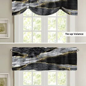 Tie Up Kitchen Curtain Valance Black White Marble with Gold Stripe Adjustable Window Shade Valances Rod Pocket Small Windows Treatment Panel for Bathroom Bedroom,42"x12",Abstract Stone Agate Texture