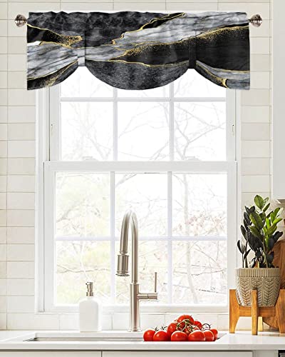 Tie Up Kitchen Curtain Valance Black White Marble with Gold Stripe Adjustable Window Shade Valances Rod Pocket Small Windows Treatment Panel for Bathroom Bedroom,42"x12",Abstract Stone Agate Texture