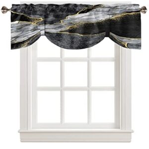 Tie Up Kitchen Curtain Valance Black White Marble with Gold Stripe Adjustable Window Shade Valances Rod Pocket Small Windows Treatment Panel for Bathroom Bedroom,42"x12",Abstract Stone Agate Texture