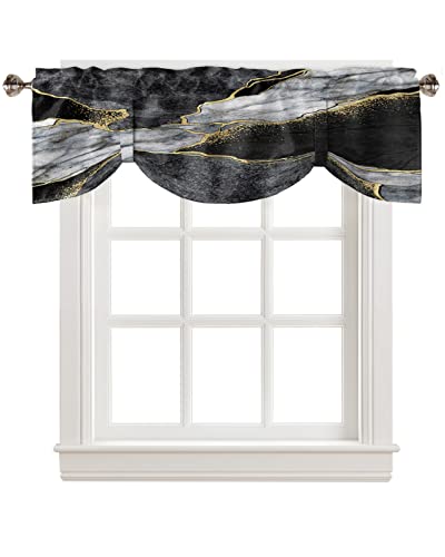 Tie Up Kitchen Curtain Valance Black White Marble with Gold Stripe Adjustable Window Shade Valances Rod Pocket Small Windows Treatment Panel for Bathroom Bedroom,42"x12",Abstract Stone Agate Texture