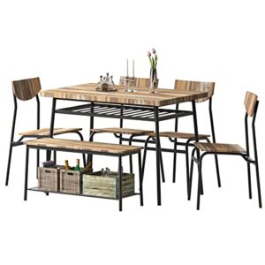 sthouyn 6 piece dining table set, kitchen table and chairs for 6, dining room dinner table set w/storage rack for home, apt, 4 chairs, bench, small space (retro brown (6 piece))