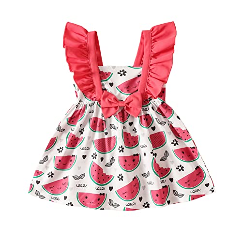 Amberetech Toddler Baby Girls Summer Dress Pink Watermelon Printed Skirt Ruffle Sling Floral Princess Sundress (18-24 Months)