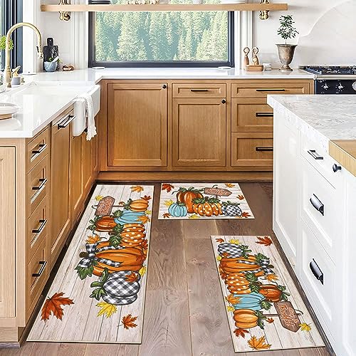 U'Artlines Fall Pumpkin Kitchen Rugs with Runner Sets 3 Piece Farmhouse Seasonal Harvest Holiday Party Rugs and Mats Non Skid Washable Kitchen Floor Mats for Home Hallway Sink Laundry Decor(Pumpkin)