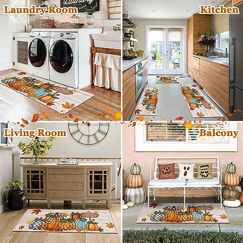 U'Artlines Fall Pumpkin Kitchen Rugs with Runner Sets 3 Piece Farmhouse Seasonal Harvest Holiday Party Rugs and Mats Non Skid Washable Kitchen Floor Mats for Home Hallway Sink Laundry Decor(Pumpkin)