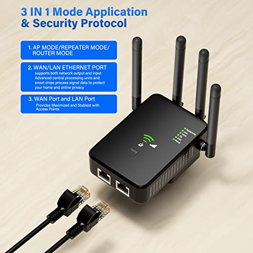 WiFi Extender, 1200Mbps Wi-Fi Signal Booster Amplifier for Home Up to 9800 sq.ft, WiFi 2.4GHz & 5GHz Dual Band Wireless Repeater with Strong Penetrability, 360° Coverage with Ethernet Port & AP Mode