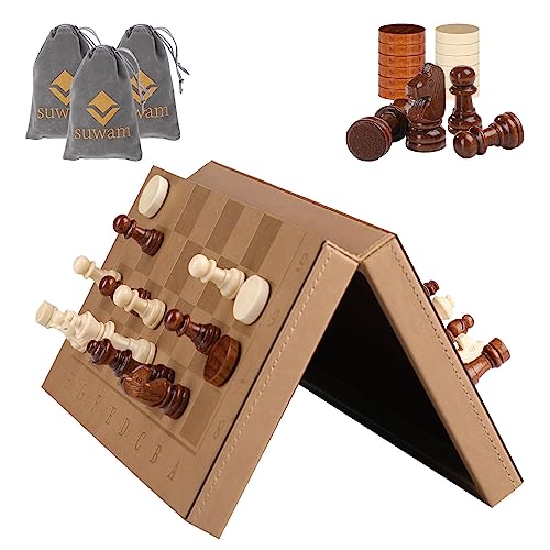 Magnetic Chess Sets - Chess & Checkers Board Game, suwam Portable Travel 12" Leather Chess Board Games, Beginner Large Chess Set for Kids and Adults