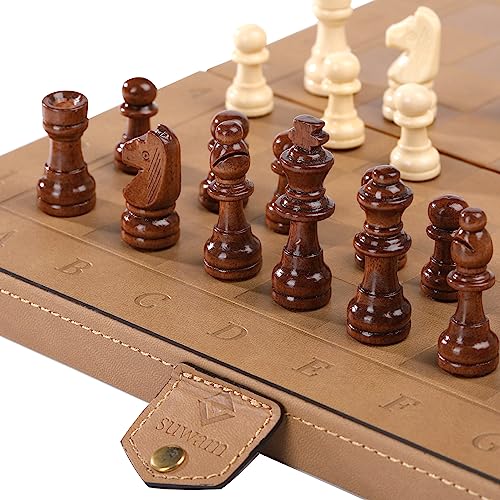 Magnetic Chess Sets - Chess & Checkers Board Game, suwam Portable Travel 12" Leather Chess Board Games, Beginner Large Chess Set for Kids and Adults