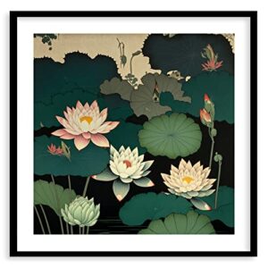 japanese lilly pads art print for wall decor - premium giclee for home decor - aesthetic modern wall art poster painting style wall artwork decoration for living room, ready to frame