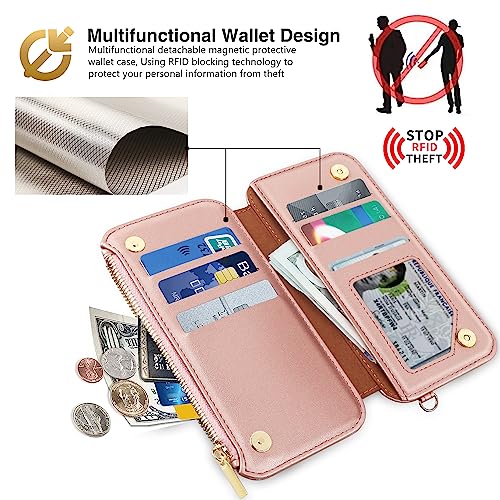 CIVICASE 2 in 1 Wallet Case for iPhone 13 / iPhone 14,Magnetic Detachable Flip Folio Phone Case,RFID Card Protection,6 Card Slots Zipper Pocket,Wireless Charging Compatible Magsafe [Rose Gold]