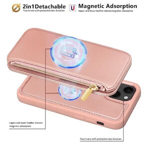 CIVICASE 2 in 1 Wallet Case for iPhone 13 / iPhone 14,Magnetic Detachable Flip Folio Phone Case,RFID Card Protection,6 Card Slots Zipper Pocket,Wireless Charging Compatible Magsafe [Rose Gold]