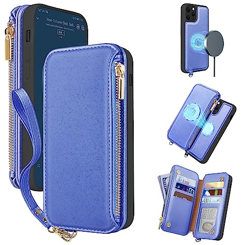 CIVICASE for iPhone 13 Pro Zipper Case with,2 in 1 Wallet Case Magnetic Detachable,RFID Card Protection,6 Card Slots Zipper Pocket Handbag,Wireless Charging Compatible Magsafe -Ocean Blue