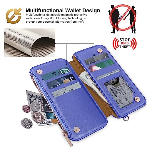 CIVICASE for iPhone 13 Pro Zipper Case with,2 in 1 Wallet Case Magnetic Detachable,RFID Card Protection,6 Card Slots Zipper Pocket Handbag,Wireless Charging Compatible Magsafe -Ocean Blue