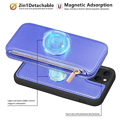 CIVICASE for iPhone 13 Pro Zipper Case with,2 in 1 Wallet Case Magnetic Detachable,RFID Card Protection,6 Card Slots Zipper Pocket Handbag,Wireless Charging Compatible Magsafe -Ocean Blue