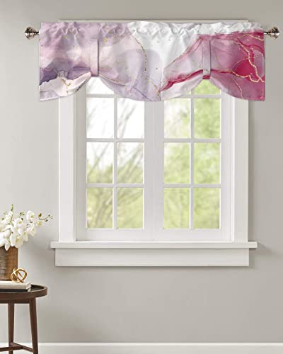 Tie Up Valance for Kitchen Windows, Abstract Marble Agate Texture Tie-up Curtain Shade Valances 42"x12" Rod Pocket Short Curtains Window Treatment for Living Room Pastel Theme Pink Purple White Gold