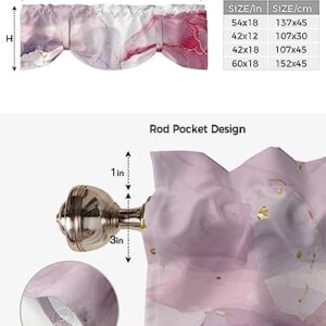 Tie Up Valance for Kitchen Windows, Abstract Marble Agate Texture Tie-up Curtain Shade Valances 42"x12" Rod Pocket Short Curtains Window Treatment for Living Room Pastel Theme Pink Purple White Gold