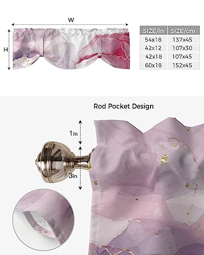 Tie Up Valance for Kitchen Windows, Abstract Marble Agate Texture Tie-up Curtain Shade Valances 42"x12" Rod Pocket Short Curtains Window Treatment for Living Room Pastel Theme Pink Purple White Gold