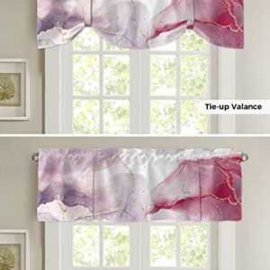 Tie Up Valance for Kitchen Windows, Abstract Marble Agate Texture Tie-up Curtain Shade Valances 42"x12" Rod Pocket Short Curtains Window Treatment for Living Room Pastel Theme Pink Purple White Gold