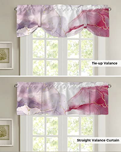 Tie Up Valance for Kitchen Windows, Abstract Marble Agate Texture Tie-up Curtain Shade Valances 42"x12" Rod Pocket Short Curtains Window Treatment for Living Room Pastel Theme Pink Purple White Gold