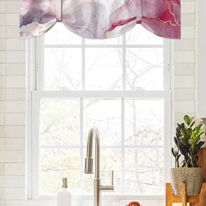 Tie Up Valance for Kitchen Windows, Abstract Marble Agate Texture Tie-up Curtain Shade Valances 42"x12" Rod Pocket Short Curtains Window Treatment for Living Room Pastel Theme Pink Purple White Gold