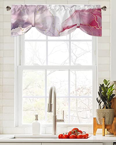 Tie Up Valance for Kitchen Windows, Abstract Marble Agate Texture Tie-up Curtain Shade Valances 42"x12" Rod Pocket Short Curtains Window Treatment for Living Room Pastel Theme Pink Purple White Gold