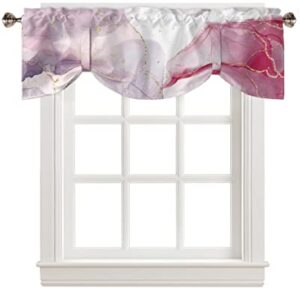 Tie Up Valance for Kitchen Windows, Abstract Marble Agate Texture Tie-up Curtain Shade Valances 42"x12" Rod Pocket Short Curtains Window Treatment for Living Room Pastel Theme Pink Purple White Gold