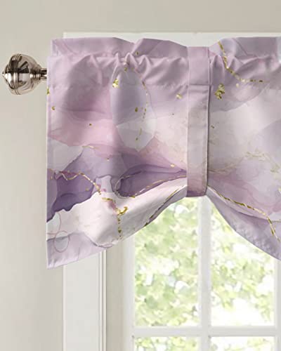 Tie Up Valance for Kitchen Windows, Abstract Marble Agate Texture Tie-up Curtain Shade Valances 42"x12" Rod Pocket Short Curtains Window Treatment for Living Room Pastel Theme Pink Purple White Gold