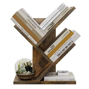 tajsoon tree bookshelf 3 tier book storage organizer shelves, desktop bookshelf floor standing bookcase display for cds/magazine/books, small bookshelf for bedroom, living room&office, rustic brown