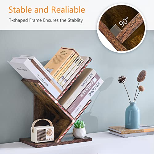 Tajsoon Tree Bookshelf 3 Tier Book Storage Organizer Shelves, Desktop Bookshelf Floor Standing Bookcase Display for CDs/Magazine/Books, Small Bookshelf for Bedroom, Living Room&Office, Rustic Brown