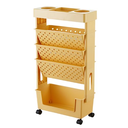 APBATS 5 Tier Removable Movable Bookshelf, Mobile Unique Bookcase, Utility Organizer Yellow Bookshelves with Wheels for Kids Children Students Study in Bedroom Living Room Home School