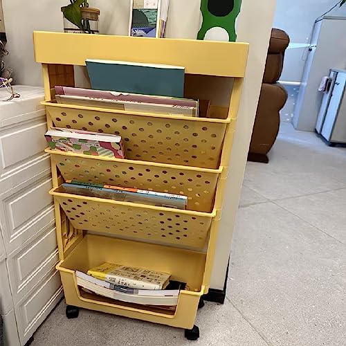 APBATS 5 Tier Removable Movable Bookshelf, Mobile Unique Bookcase, Utility Organizer Yellow Bookshelves with Wheels for Kids Children Students Study in Bedroom Living Room Home School