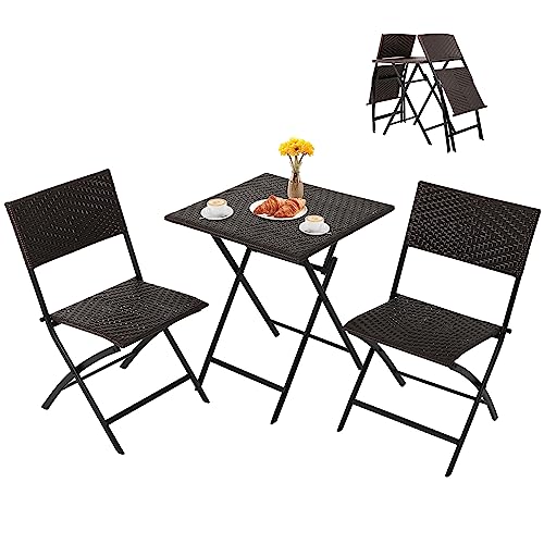 BLKMTY Patio Bistro Set 3-Piece Outdoor Patio Furniture Sets Rattan Table Set Folding Table and Chairs Foldable Wicker Bistro Set Balcony Cafe Table Square Patio Table Chair for Porch, Garden