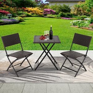 BLKMTY Patio Bistro Set 3-Piece Outdoor Patio Furniture Sets Rattan Table Set Folding Table and Chairs Foldable Wicker Bistro Set Balcony Cafe Table Square Patio Table Chair for Porch, Garden