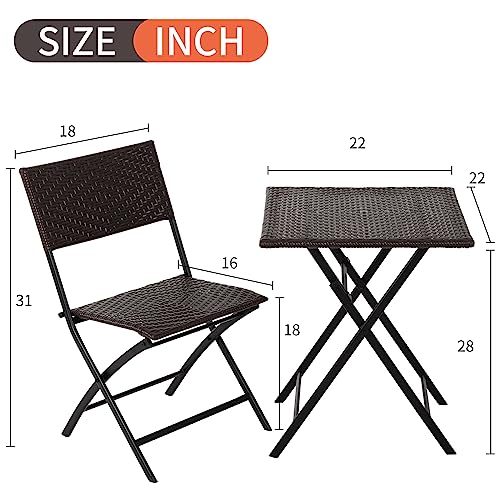 BLKMTY Patio Bistro Set 3-Piece Outdoor Patio Furniture Sets Rattan Table Set Folding Table and Chairs Foldable Wicker Bistro Set Balcony Cafe Table Square Patio Table Chair for Porch, Garden