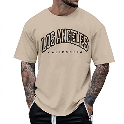 Mens T Shirts Oversized Los Angeles Novelty Letter Graphic T Shirts Half Sleeve Summer Loose Casual Tees Tunic Tops Khaki