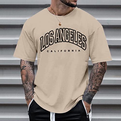 Mens T Shirts Oversized Los Angeles Novelty Letter Graphic T Shirts Half Sleeve Summer Loose Casual Tees Tunic Tops Khaki