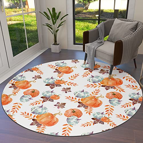 LIFEMUSION Thanksgiving Round Area Rugs, Watercolor Teal Orange Pumpkin Fall Maple Leaf Non-Skid Children Playing Mat, 3ft Soft Circle Farmhouse Rugs for Living Room, Bedroom, Dining Room