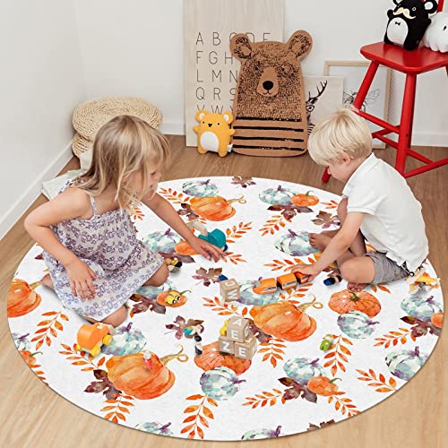 LIFEMUSION Thanksgiving Round Area Rugs, Watercolor Teal Orange Pumpkin Fall Maple Leaf Non-Skid Children Playing Mat, 3ft Soft Circle Farmhouse Rugs for Living Room, Bedroom, Dining Room