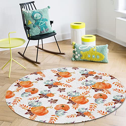 LIFEMUSION Thanksgiving Round Area Rugs, Watercolor Teal Orange Pumpkin Fall Maple Leaf Non-Skid Children Playing Mat, 3ft Soft Circle Farmhouse Rugs for Living Room, Bedroom, Dining Room