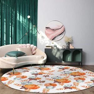 LIFEMUSION Thanksgiving Round Area Rugs, Watercolor Teal Orange Pumpkin Fall Maple Leaf Non-Skid Children Playing Mat, 3ft Soft Circle Farmhouse Rugs for Living Room, Bedroom, Dining Room