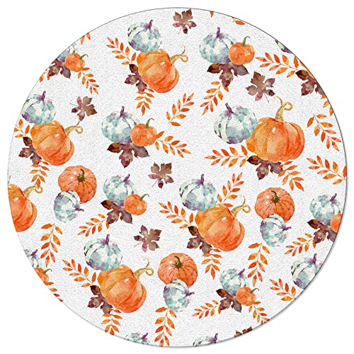 LIFEMUSION Thanksgiving Round Area Rugs, Watercolor Teal Orange Pumpkin Fall Maple Leaf Non-Skid Children Playing Mat, 3ft Soft Circle Farmhouse Rugs for Living Room, Bedroom, Dining Room