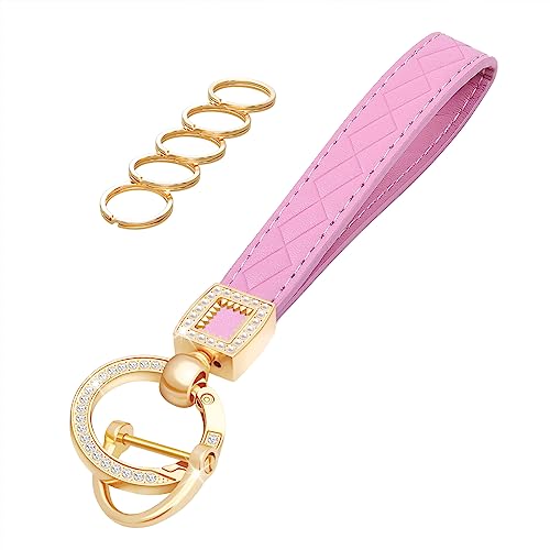 OHKYOOT Microfiber Leather Wristlet Keychain,Key Chain Holder Car Keys Keychain with 5 Key Ring and Anti-Lost D Ring (Pink Gold)