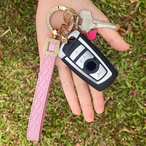 OHKYOOT Microfiber Leather Wristlet Keychain,Key Chain Holder Car Keys Keychain with 5 Key Ring and Anti-Lost D Ring (Pink Gold)