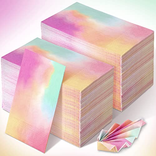 Ctosree 200 Pieces Pastel Rainbow Napkins Disposable Guests Paper Napkins for Birthday Party Disposable Hand Towels for Bathroom Decorative Napkins for Baby Shower Girl Birthday Wedding Rainbow Party