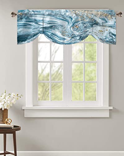 Segard Tie Up Valance for Windows,Marble Liquid Abstract Art Kitchen Valances Adjustable Rod Pocket Window Shade Valance,Blue White Gold Gradient Short Curtains Window Treatment for Bedroom 60x18in